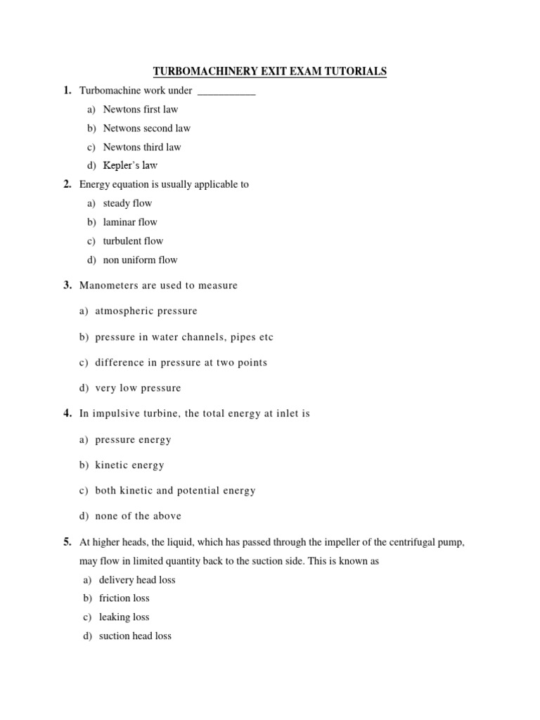 Turbomachinery Exit Exam Tutorials | PDF | Pump | Turbine