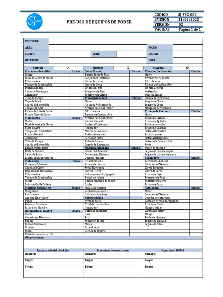 SJ-SEG-007 Pre Uso de Equipos de Poder | PDF | Motores | Tanques