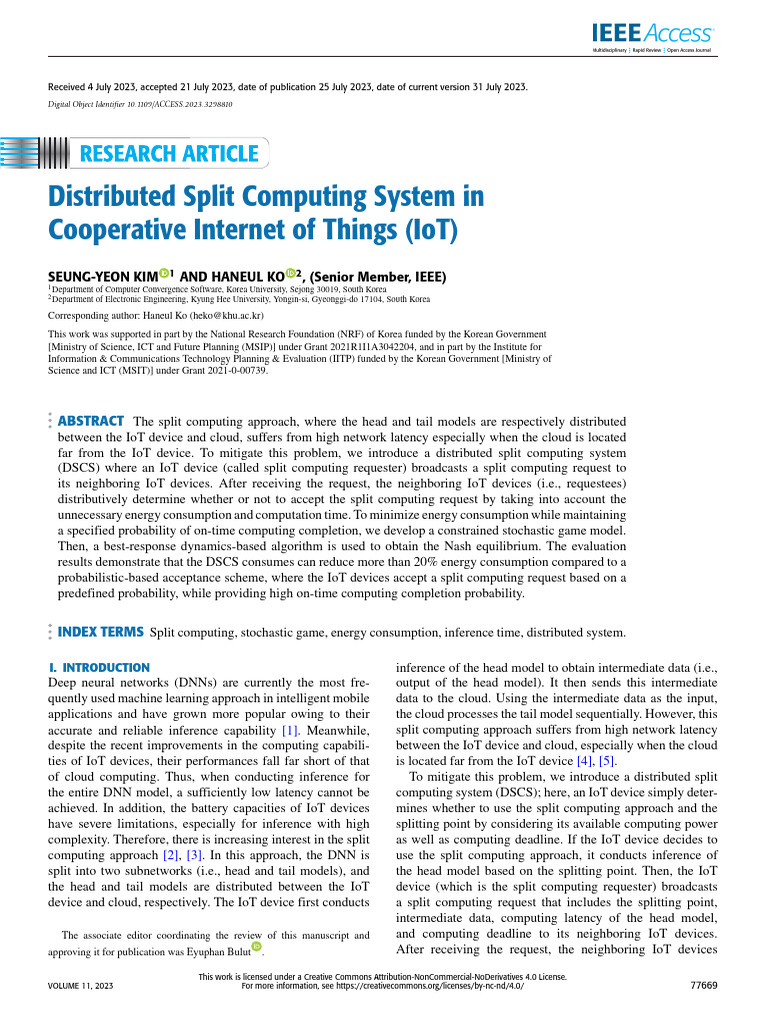 Distributed Split Computing System in Cooperative Internet of Things IoT | PDF | Internet Of ...