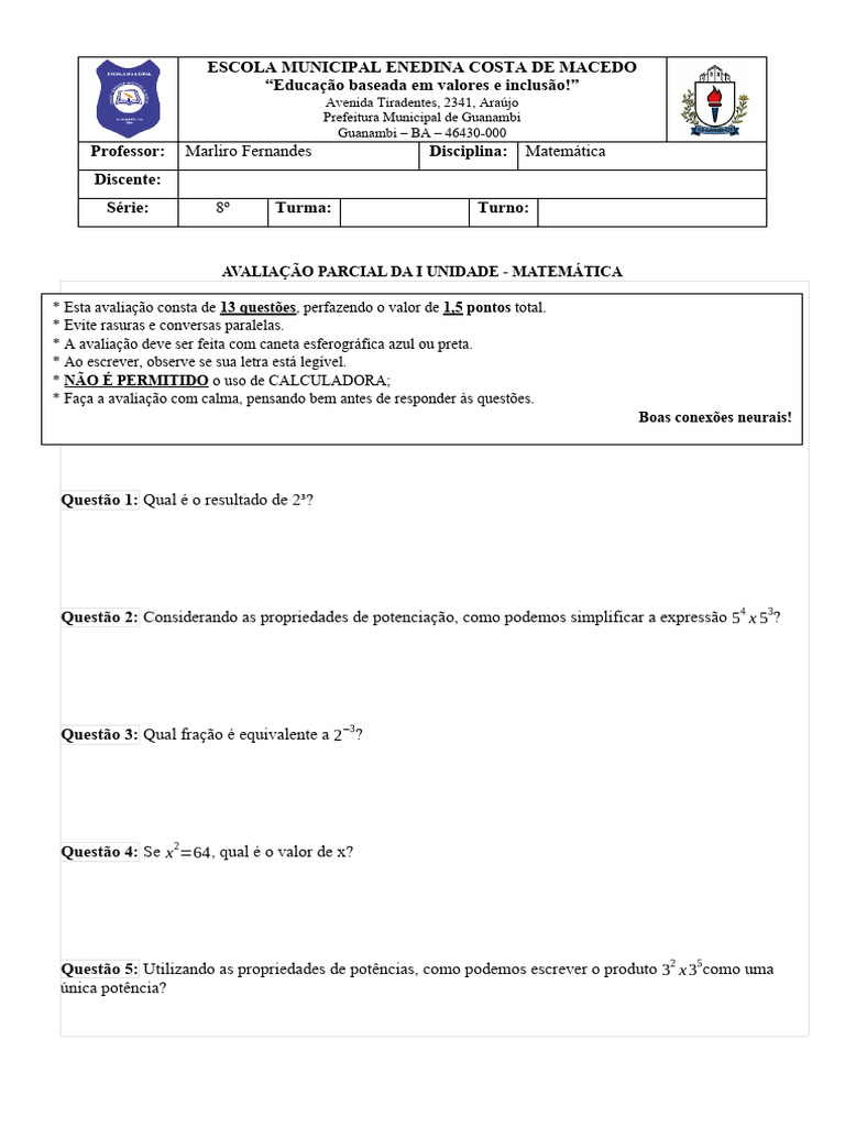 Prova de Matemática 8º Ano - I Unidade | PDF