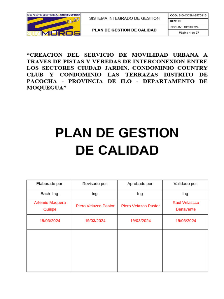 FDM-PLAN DE CALIDAD-Ver. (00) Inicio de Obra | Descargar gratis PDF | Calidad (comercial ...
