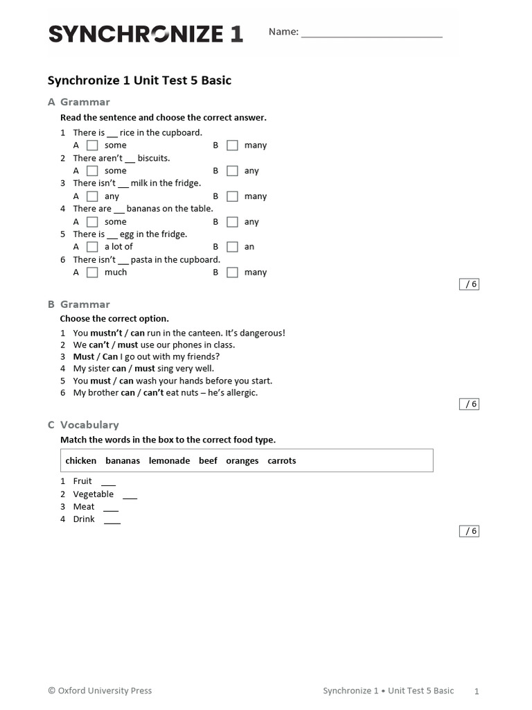 SYNCHRONIZE 1 Tests U5 | PDF | Healthy Diet | Meal