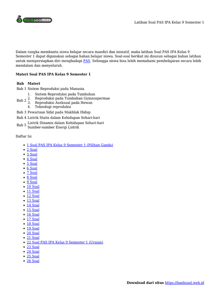 Latihan Soal PAS IPA Kelas 9 Semester 1 | PDF