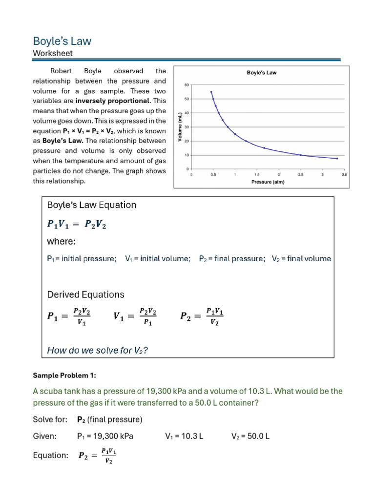 Worksheet. Boyle's Law | PDF | Gases | Pressure