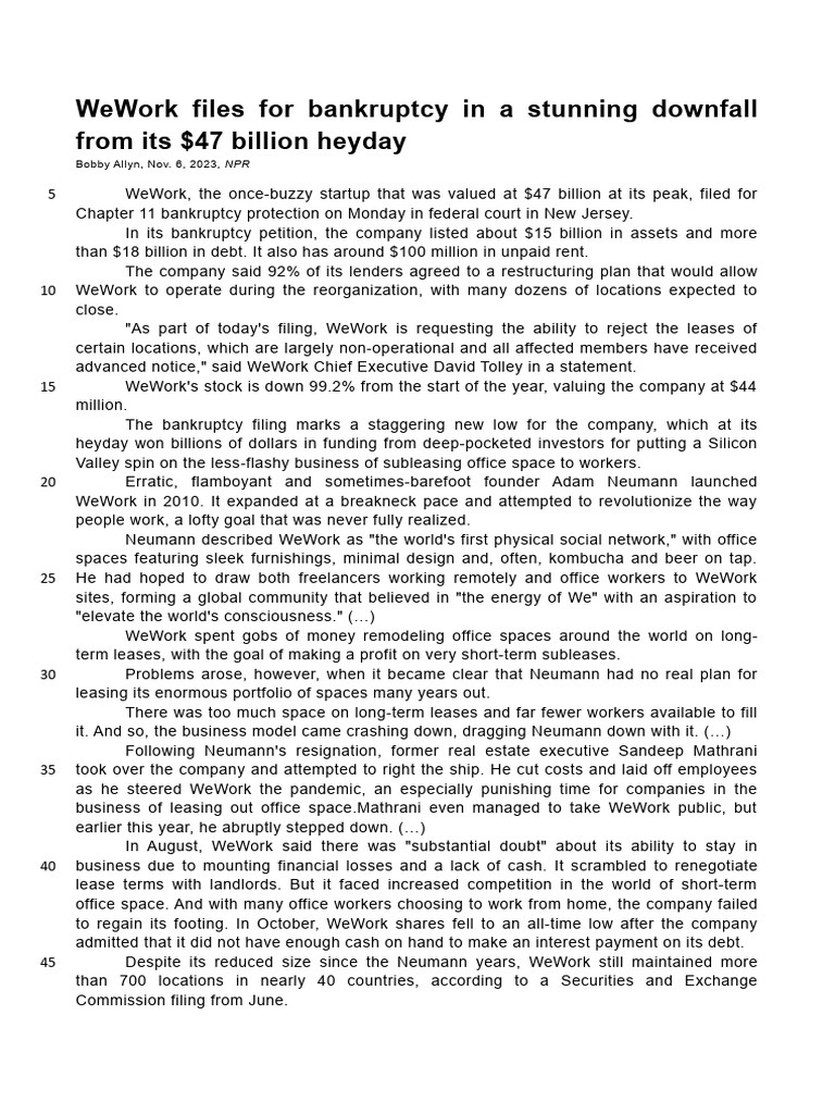 WeWork Files For Bankruptcy in A Stunning Downfall From Its $47 Billion ...