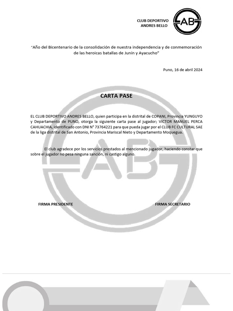 Modelo Carta Pase FPF Copa Peru | PDF