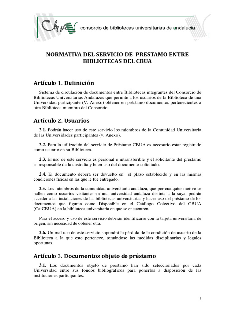 2.1. Normativa Del Servicio de Préstamo Entre Bibliotecas Del CBUA ...