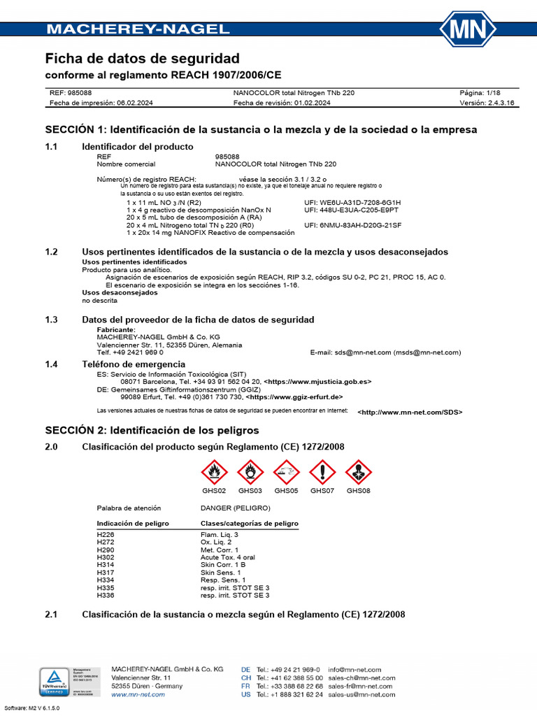 FDS NANOCOLOR Total Nitrogen TNB 220 | PDF | Alergia | Agua
