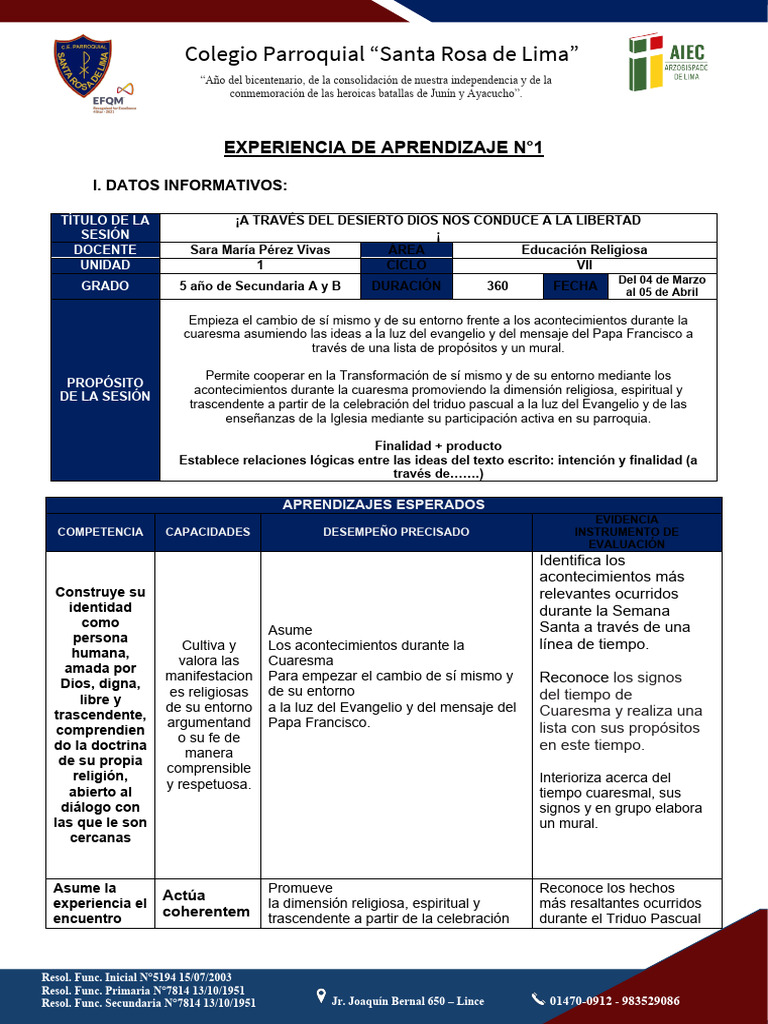5 Año Sesión de Aprendizaje N 1 | PDF | Prestado | Evaluación