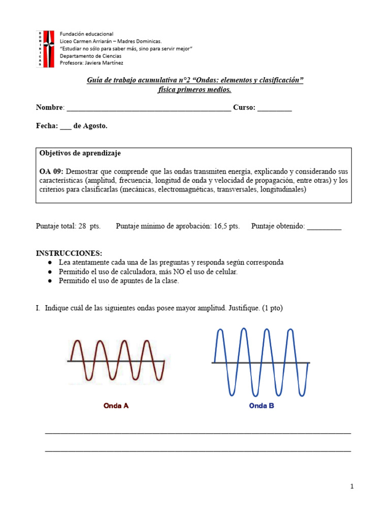Guia Nº2 Acumulativa Iº Medio - Elementos y Clasificación Del Movimiento Ondulatorio | PDF ...