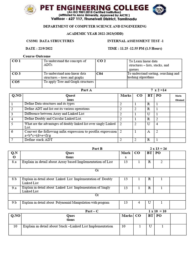 DS IAT - 1 Answerkey | PDF | Data Type | Computer Programming