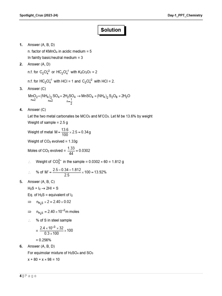 Spotlight - Crux (2023-24) - Day-1 - PPT - Chemistry (Sol.) | PDF | Mole (Unit) | Physical Chemistry