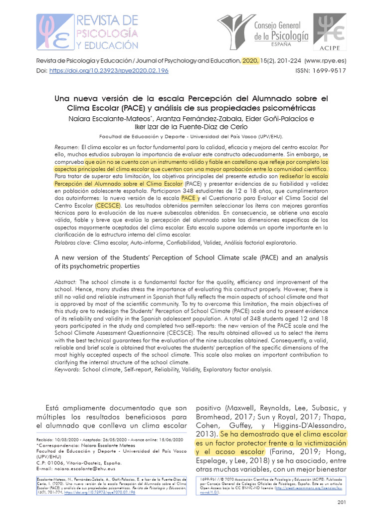 Escalante-Mateos Et Al. - 2020 - Una Nueva Versión de La Escala Percepción Del Alum | PDF ...
