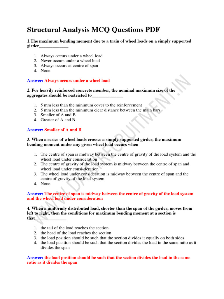 Structural Analysis MCQ Questions PDF | PDF | Beam (Structure) | Bending