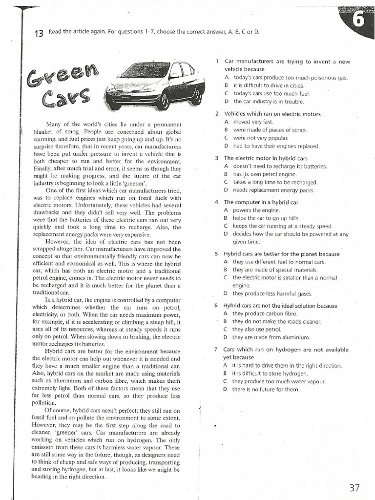 Reading Comprehension Green Cars + Answer Key | PDF