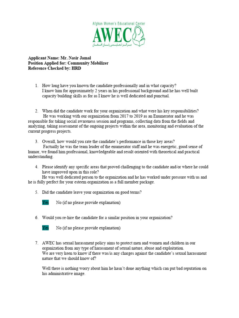 Reference Check for Community Mobilizer Position | PDF | Social ...