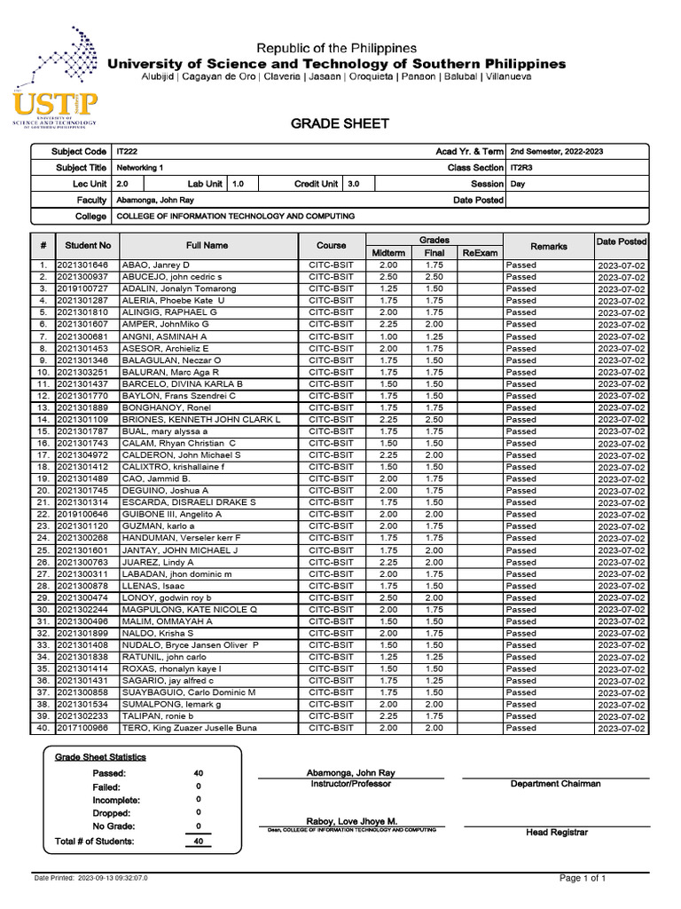 IT Networking 1 Grade Sheet | PDF | Computing