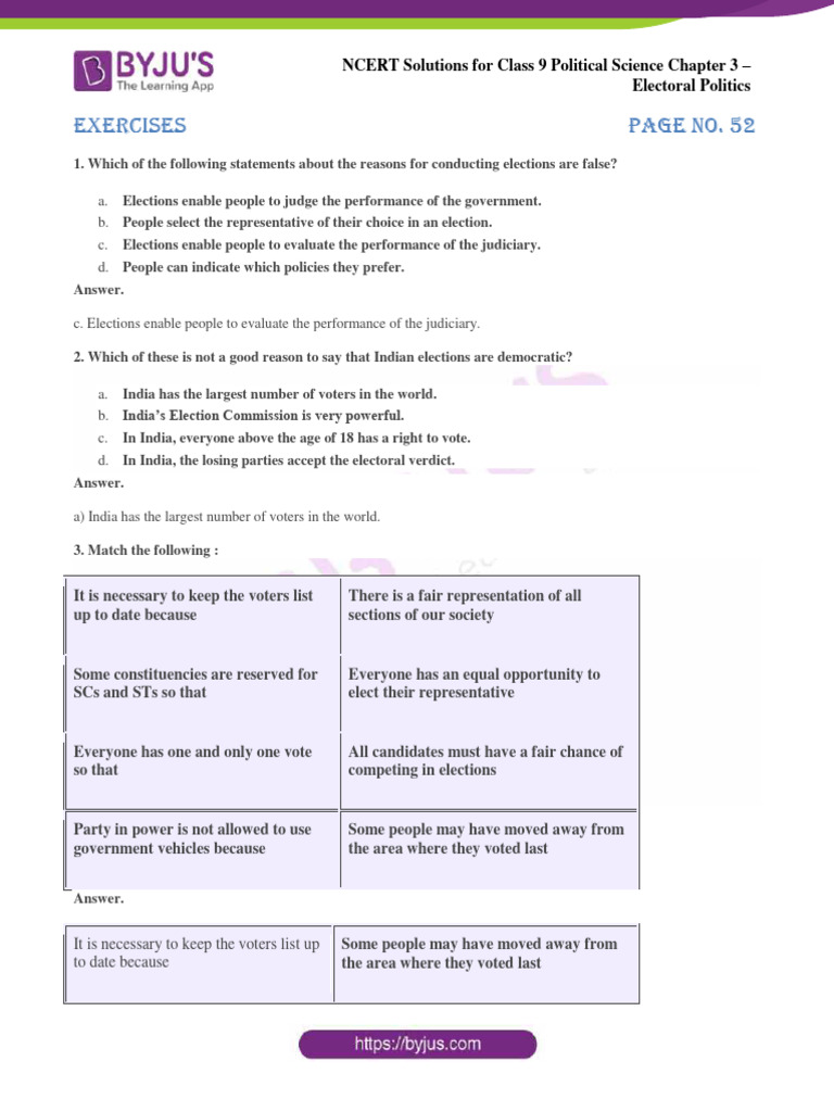 NCERT Solutions For Class 9 Political Science Chapter 3 Electoral Politics | Download Free PDF ...