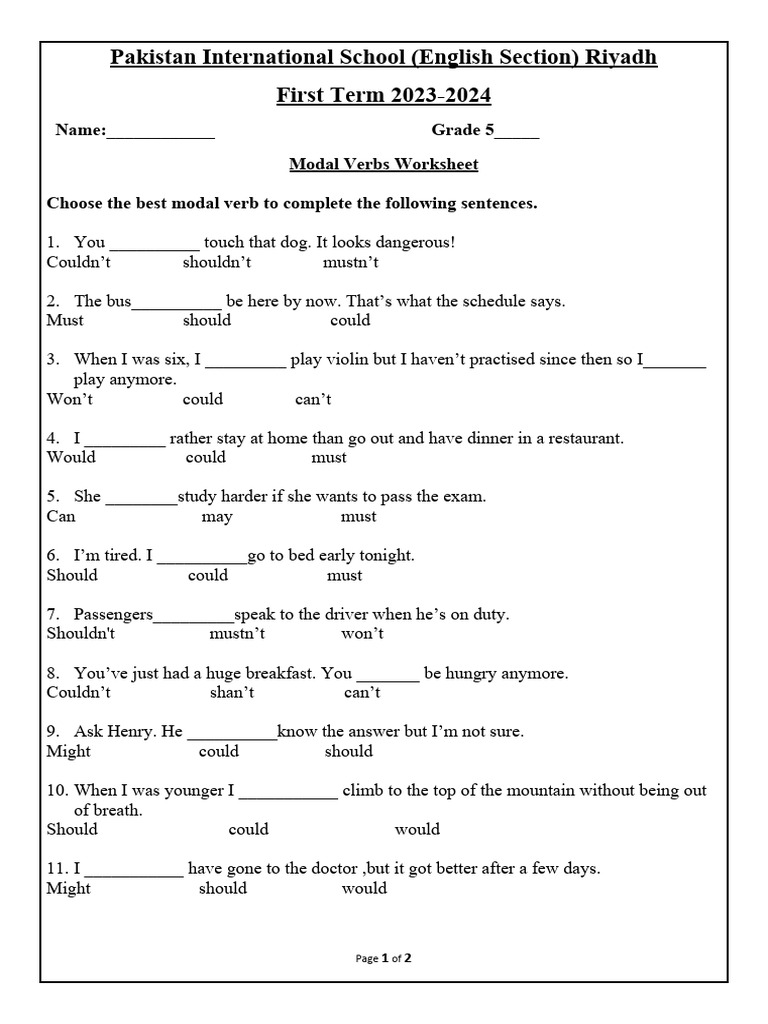 Modal Verbs - Grade 5 | Download Free PDF | Linguistic Typology | Grammar