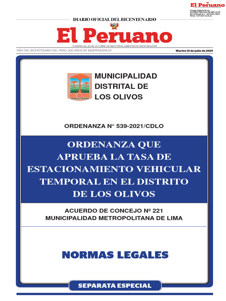 Ordenanza 539-2021-CDLO PARQUEO VEH. | PDF | Gobierno local | Lima