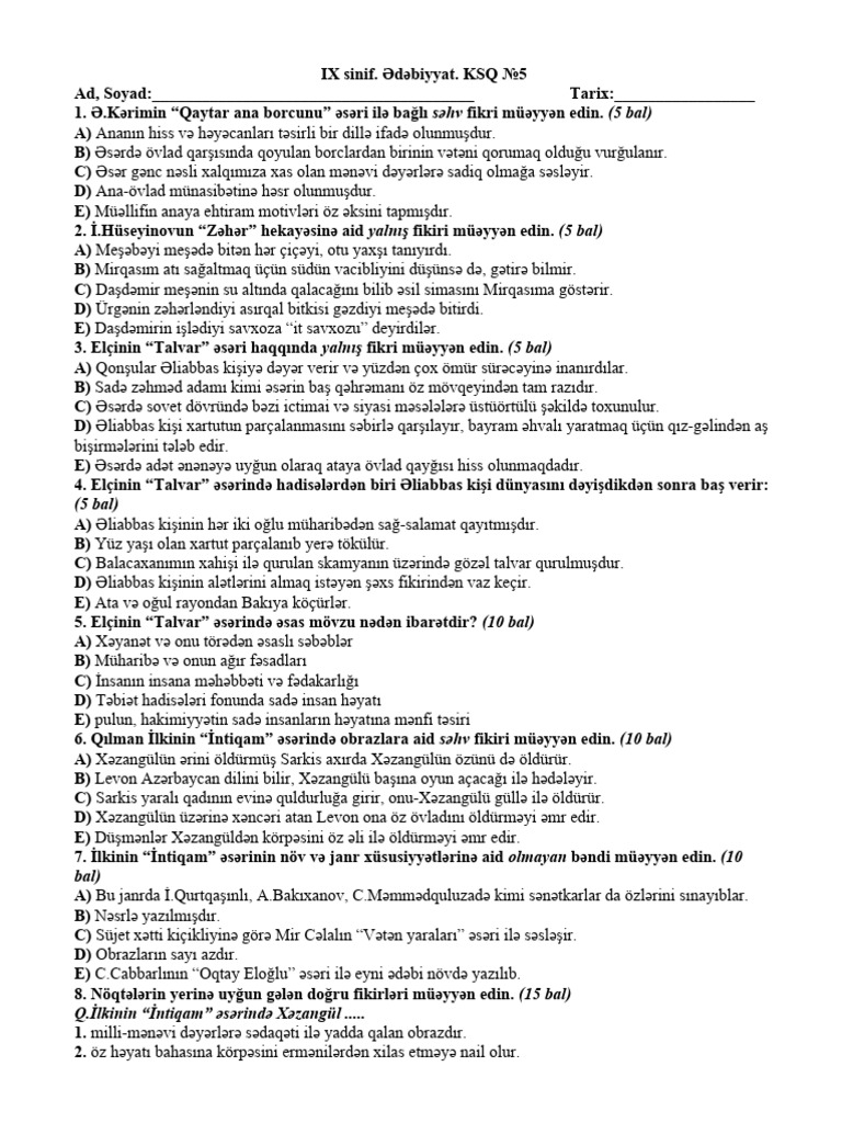 9 Cu Sinif Edebiyyat ksq5 | PDF