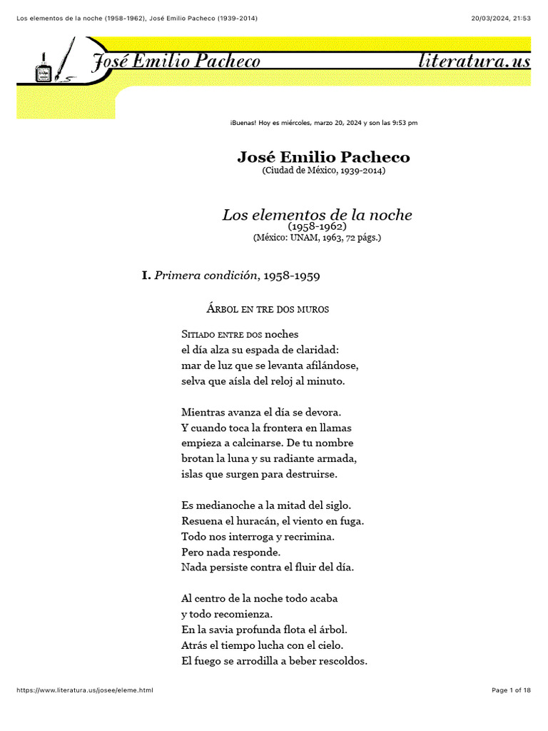 Los Elementos de La Noche (1958-1962), José Emilio Pacheco (1939-2014 ...