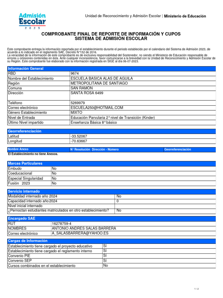 comprobante cupo sae 2023 | PDF | Educación primaria | Educación de la ...