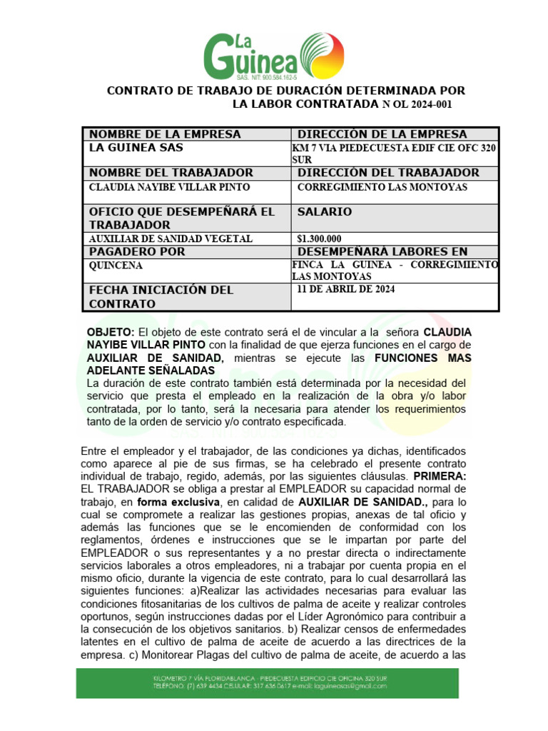 Contrato de Trabajo de Duración Determinada Por La Labor Contratada N ...