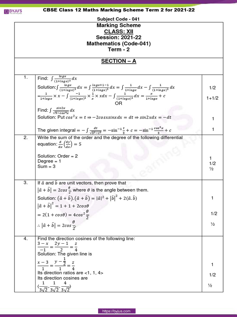 CBSE Class 12 Maths Marking Scheme Term 2 For 2021 22 | PDF ...