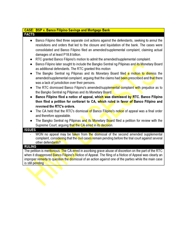 Banco Filipino vs. BSP Legal Case Summary | PDF
