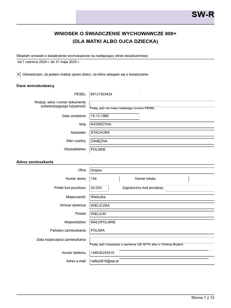 Wniosek Rodzina 800+ | PDF