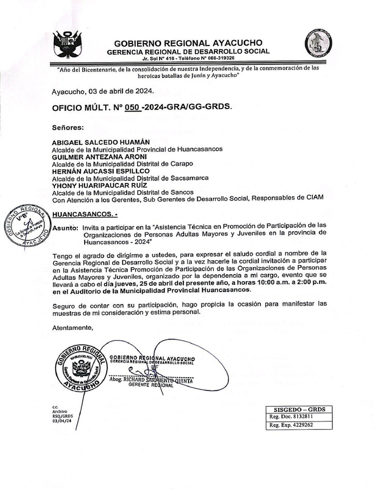 OFICIO MULT 50 Alcaldes de Huancasancos | PDF