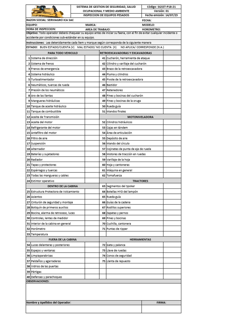 Check List Equipo Pesado-SGSST-P18-F21 | PDF | Neumático | Direccion
