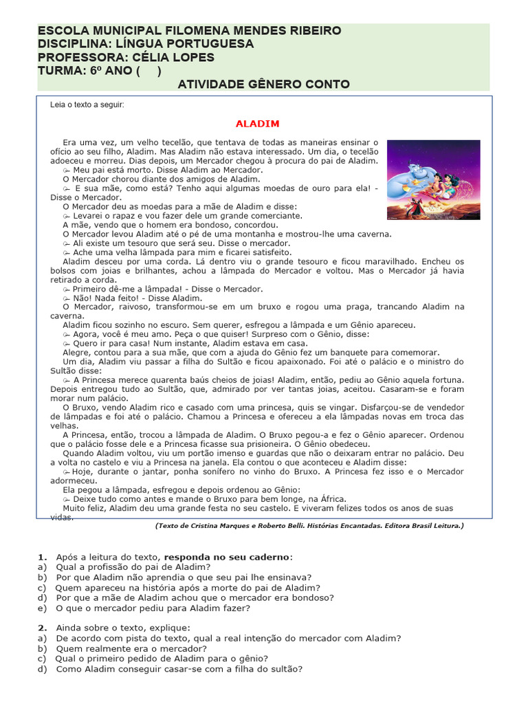Atividade sobre o Conto Aladim | PDF | Contos