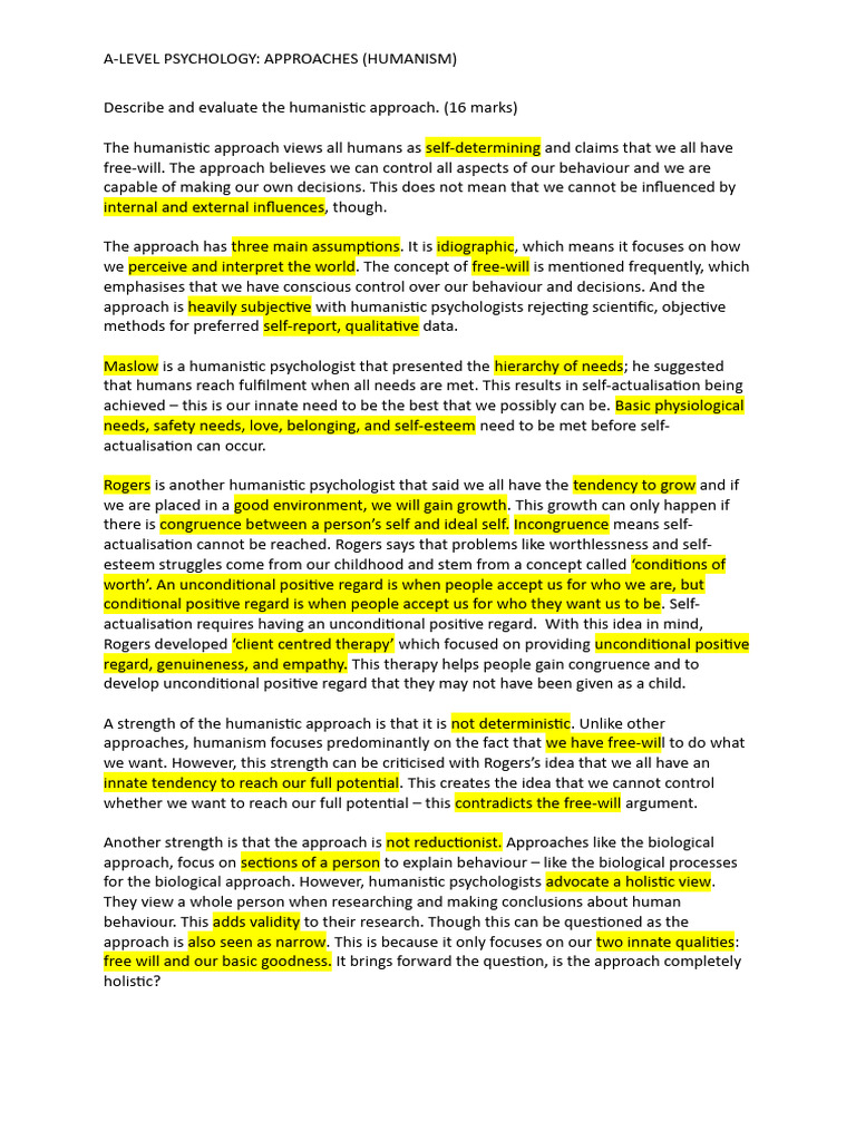Psychology Humanism 16 Mark Essay | PDF | Humanistic Psychology | Self Esteem