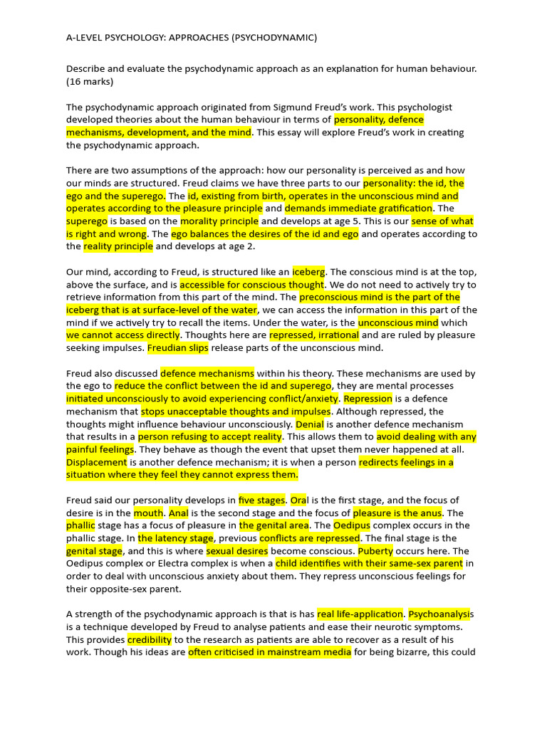 Psychology Psychodynamic Approach 16 Mark Essay | PDF | Id | Psychodynamics