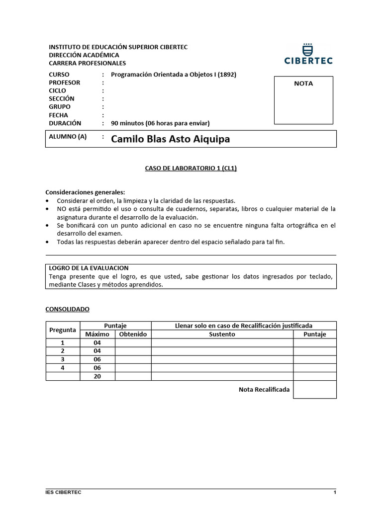 1892 P O O I T3EJ-AC CL01 Camilo Blas Asto Aiquipa | PDF | Evaluación