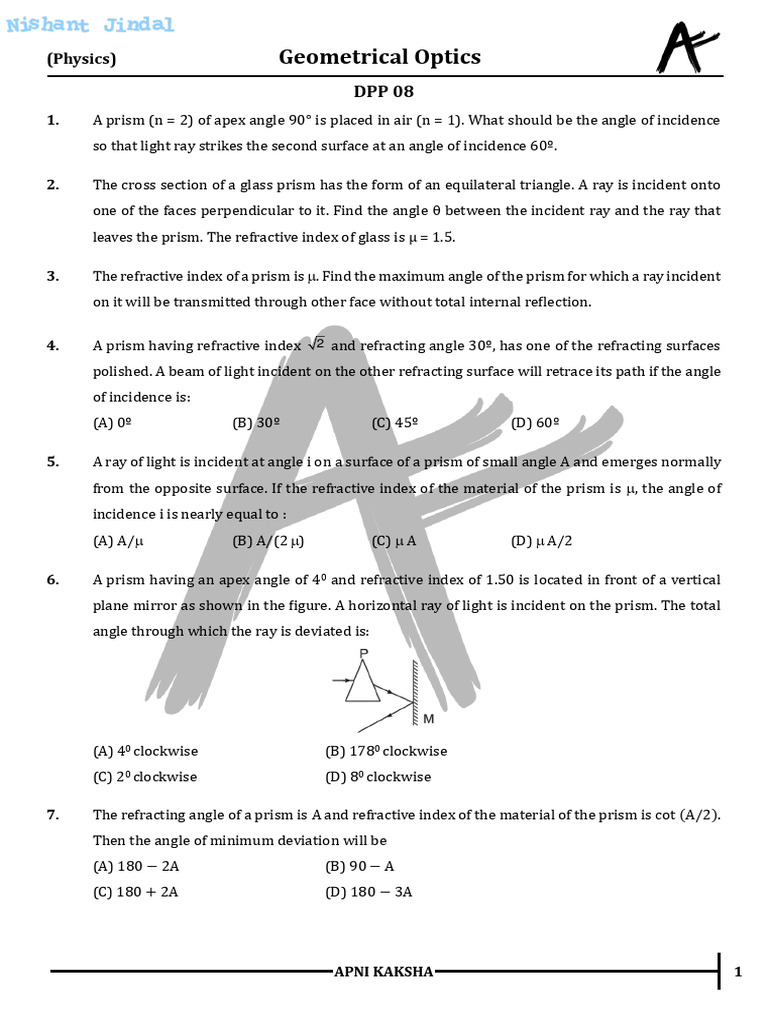Geometrical Optics Prism Problems | PDF | Refraction | Refractive Index