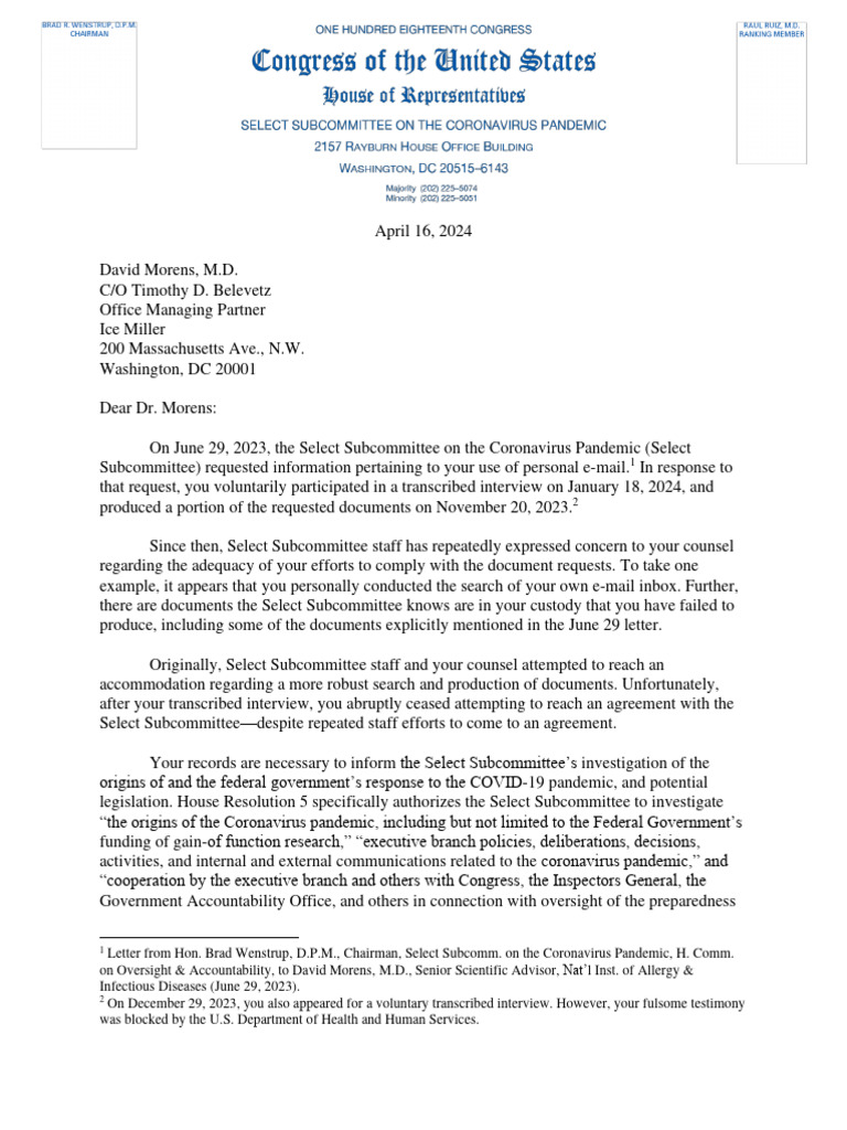2024.04.16 SSCP Subpoena Cover Letter To David Morens | PDF | Federal ...