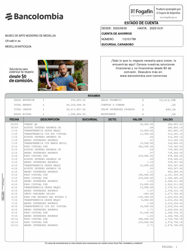 Extracto de Cuenta de Ahorros Octubre 2023 | PDF | Dinero | Pagos
