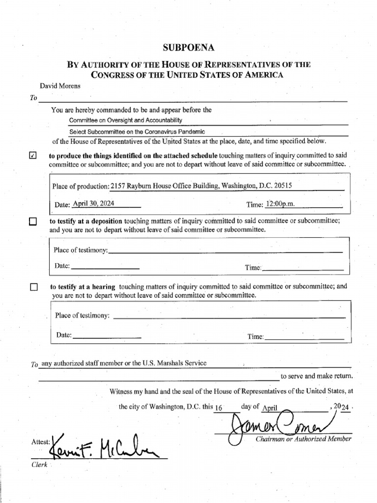 2024.04.16 Subpoena To David Morens | PDF