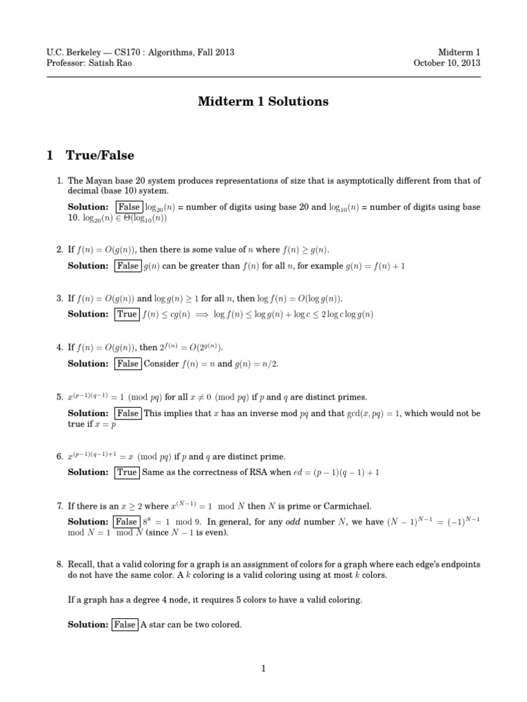 cs170 Fa2013 mt1 Rao Soln | PDF | Graph Theory | Mathematics