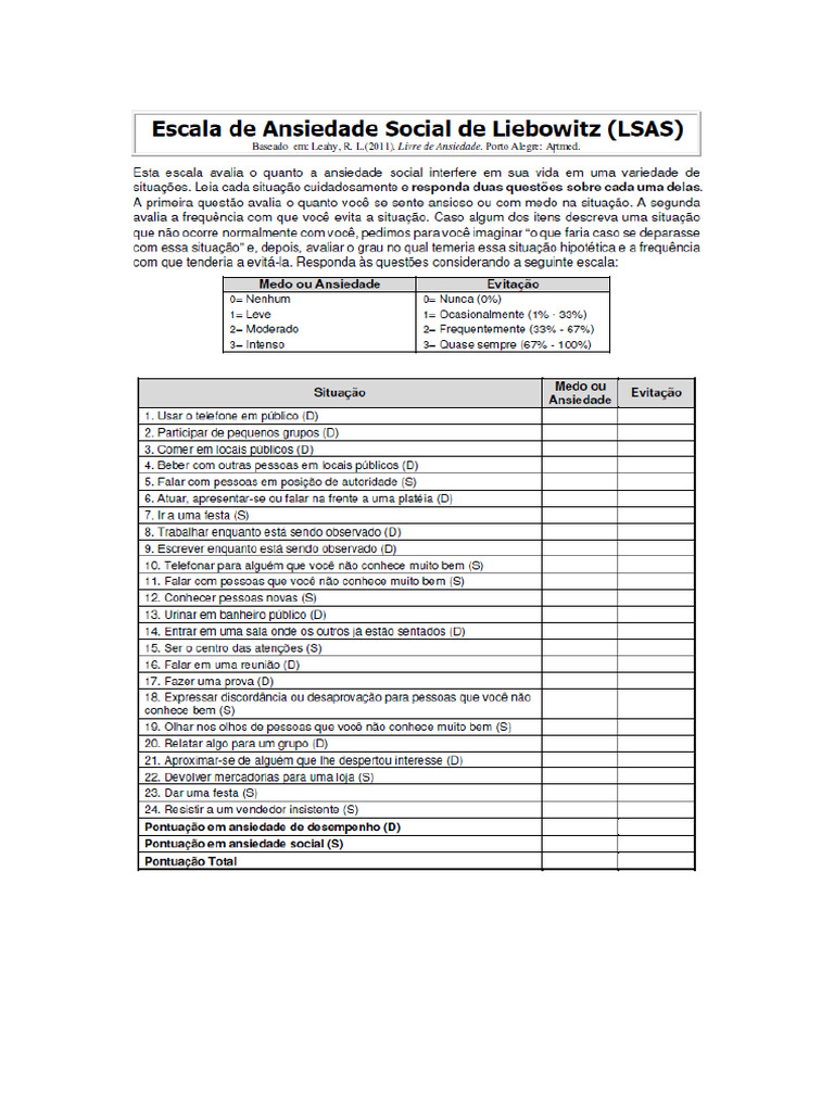 Escala de Ansiedade Social de Liebowitz - Lsas | PDF
