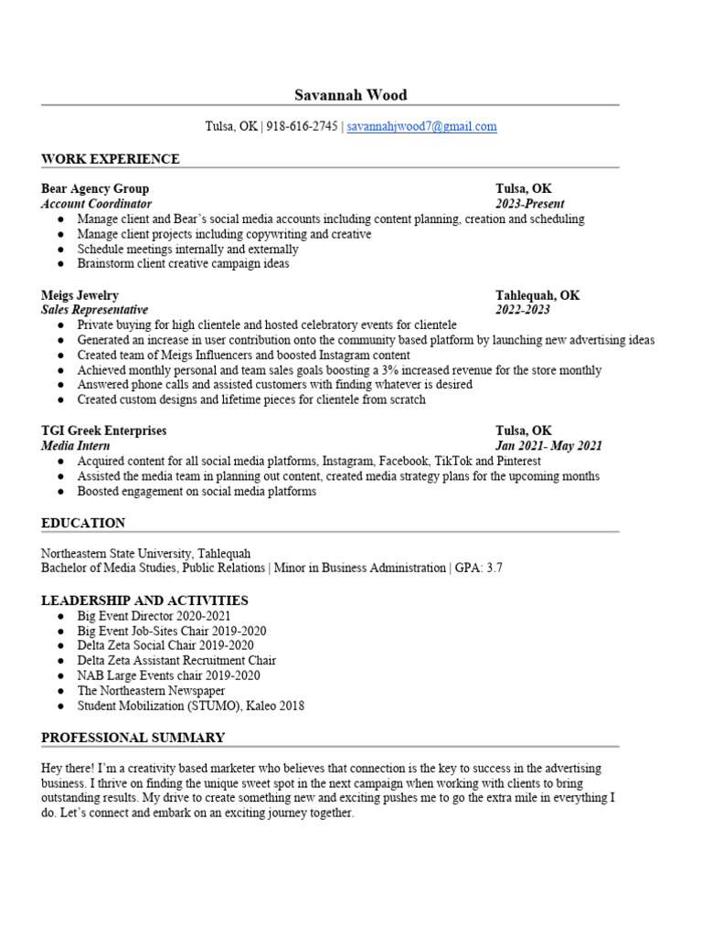savannah wood resume 2024 | PDF | Popular Culture & Media Studies ...