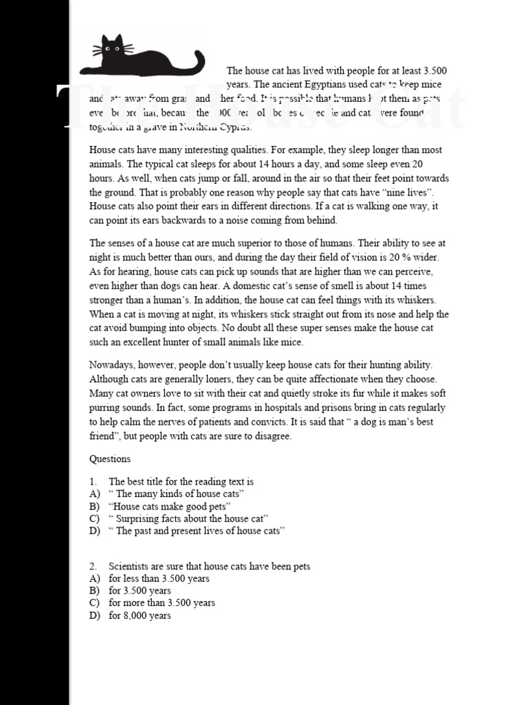 The House Cat Direct Method Activities Reading Comprehension Exe ...