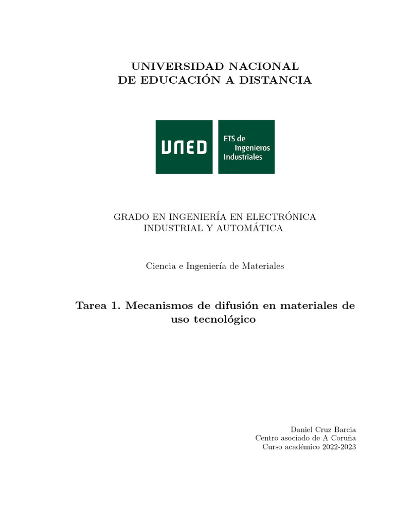 Tarea 1. Mecanismos de Difusi On en Materiales de Uso Tecnológico | PDF ...