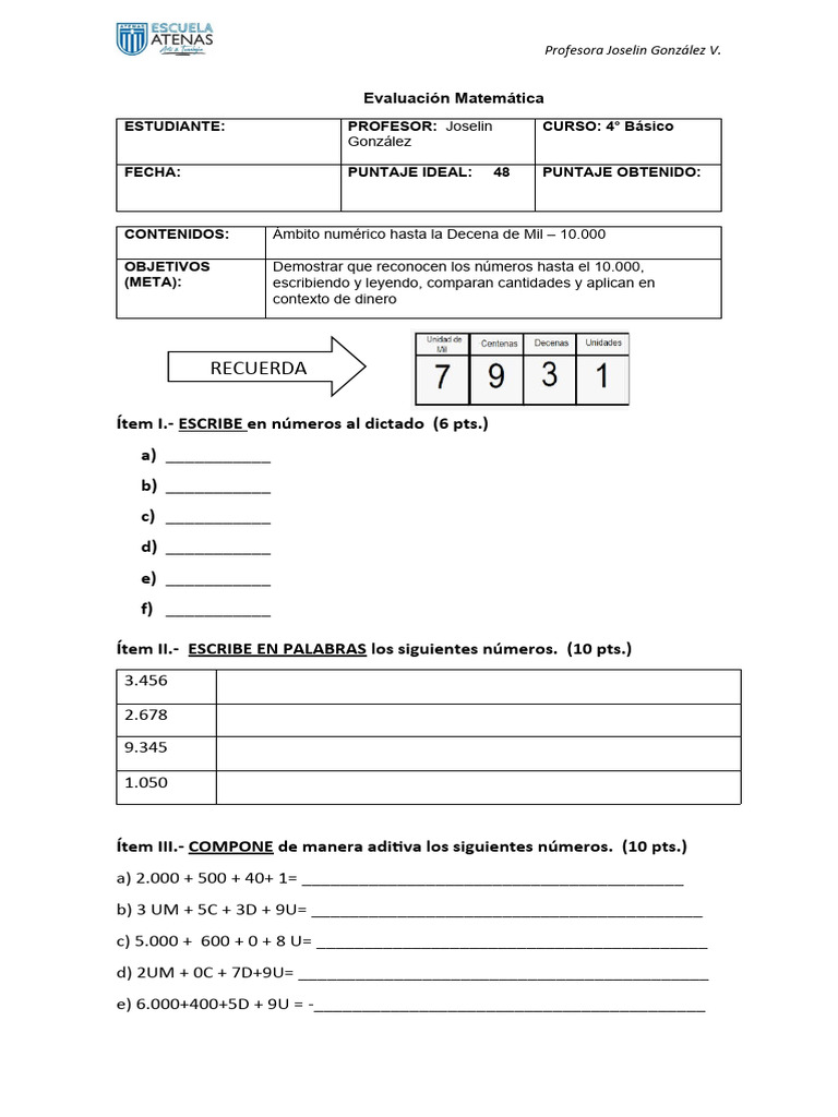 Prueba de Matemática Hasta 10.000 | PDF | Matemáticas
