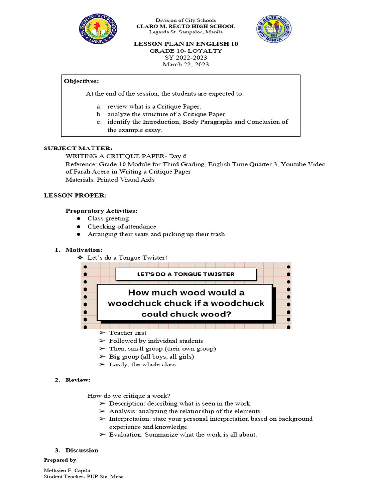 03-22-23 Lesson Plan | PDF | Essays | Lesson Plan
