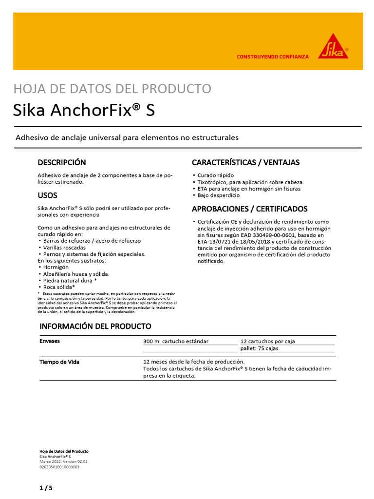 Sika Anchorfix S | PDF | Perforación | Hormigón