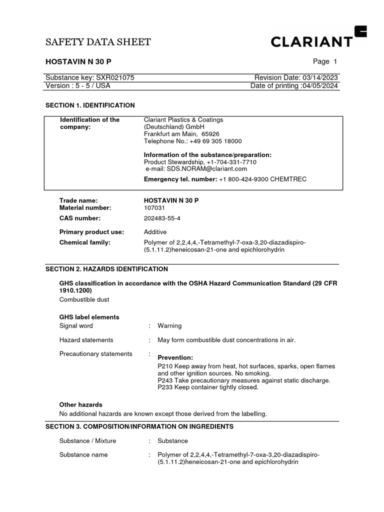 Clariant SDS HOSTAVIN N 30 P USA English | PDF | Personal Protective ...